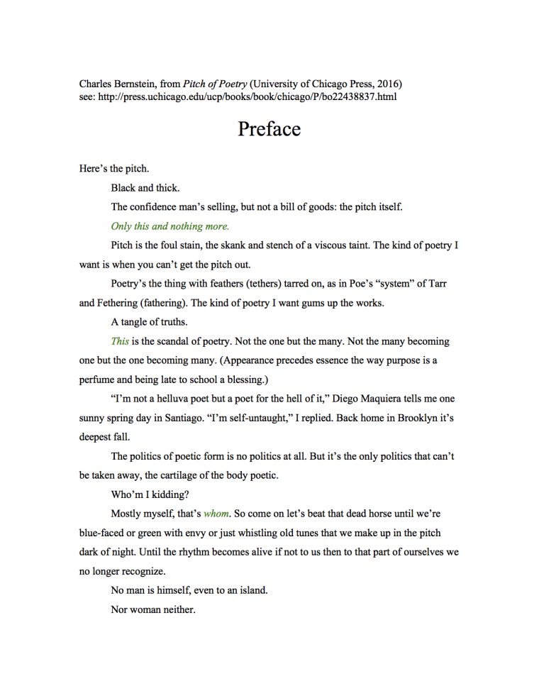 Preface from PITCH OF POETRY by Charles Bernstein - The Poetry Project